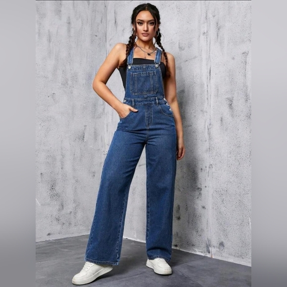 SHEIN | Jeans | Blue Denim Overalls With Adjustable Straps | Poshmark